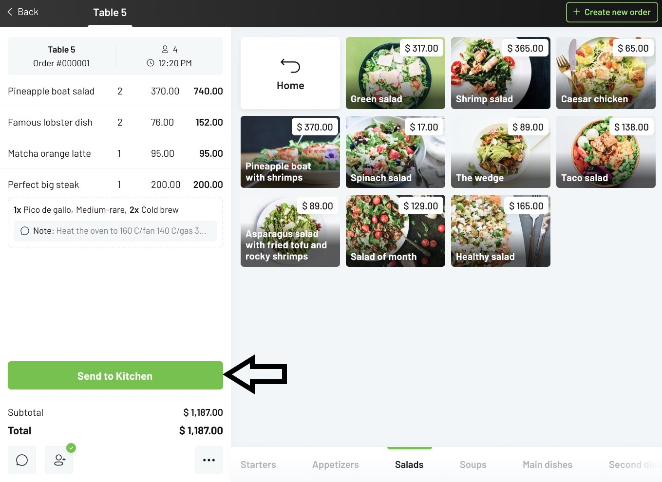 Prepare a Dine-in Order (Manually punch in an order)