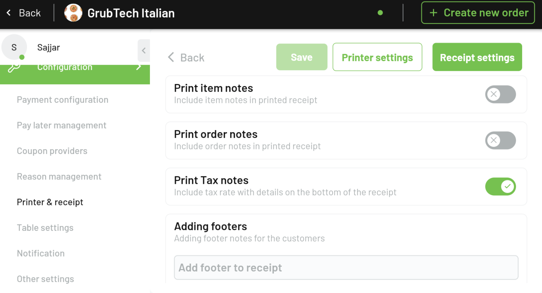 Enable footer note on the receipt
