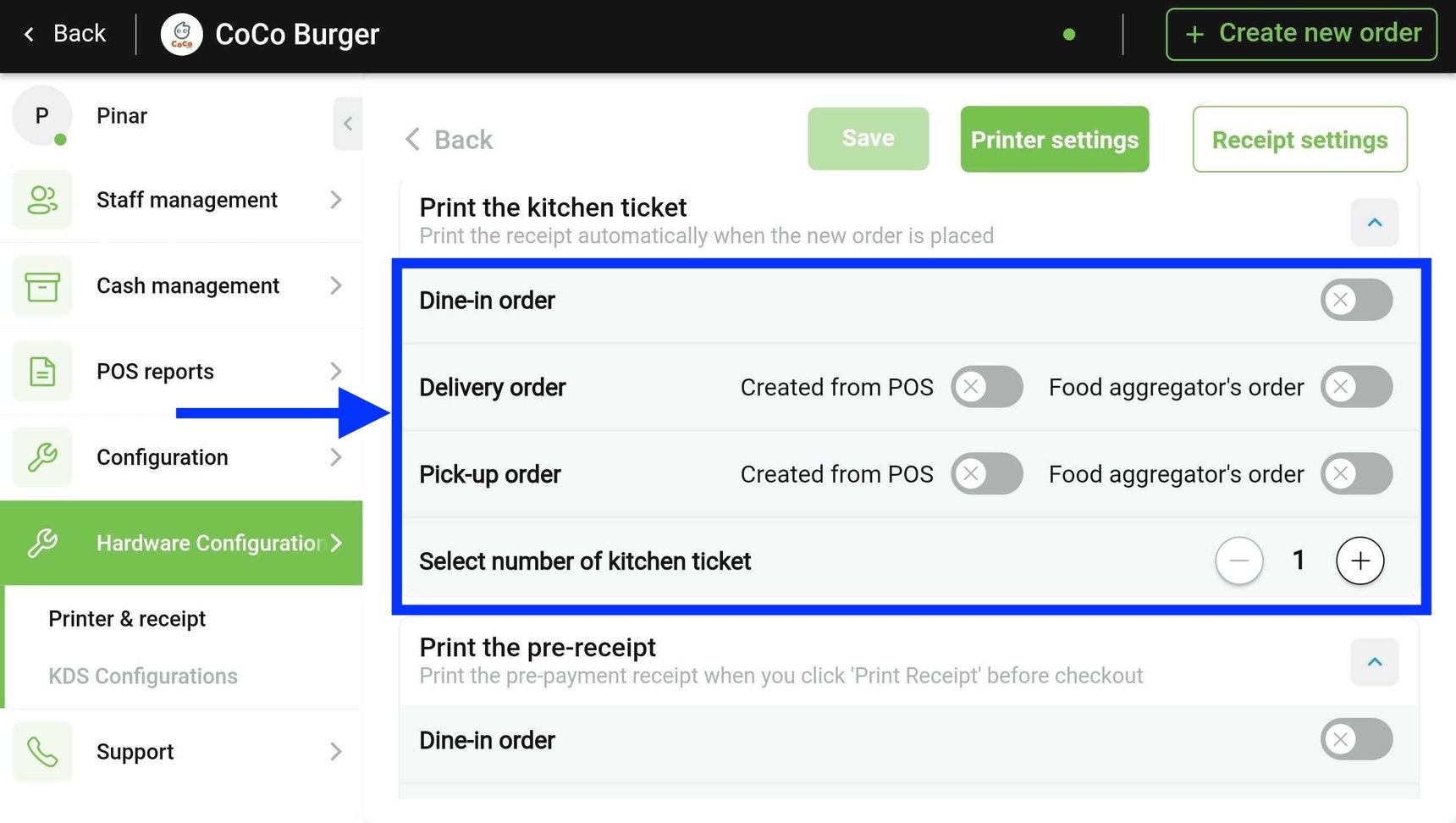 Switch on/off receipts in dine in, delivery and pick up orders.